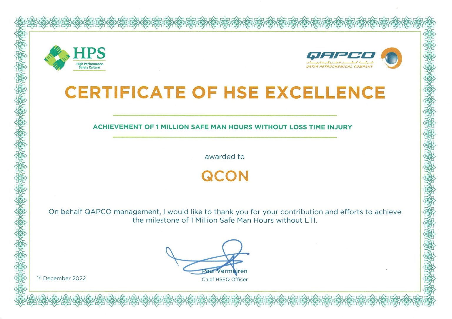 QAPCO HSE Excellence Appreciation for One Million Safe Man Hours with ...