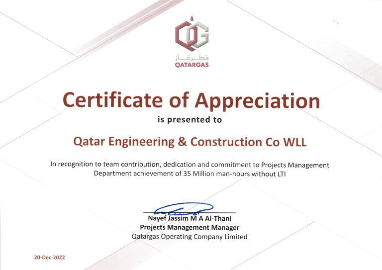 Qatargas Certificate of Appreciation 35 million manhours without LTI - Qcon