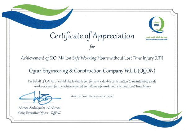 QAFAC Certificate of Appreciation for Achievement of 20 Million Safe ...